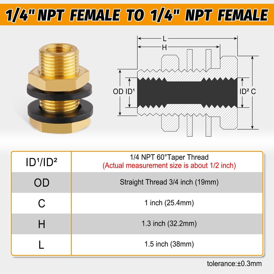 Kootnas 2-pack Solid Brass Bulkhead Fittings, 1/4 Npt Taper Female 3/4 ...