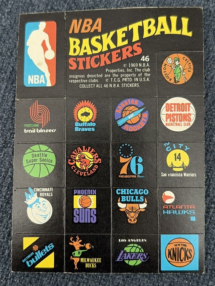 1968-1970 NBA ABA TOPPS BASKETBALL STICKER Trios 1969 Team Logo Card 46 ...