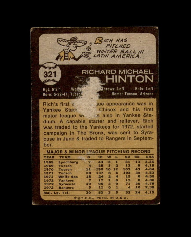 Rich Hinton Hand Signed 1973 Topps Texas Rangers Autograph | eBay