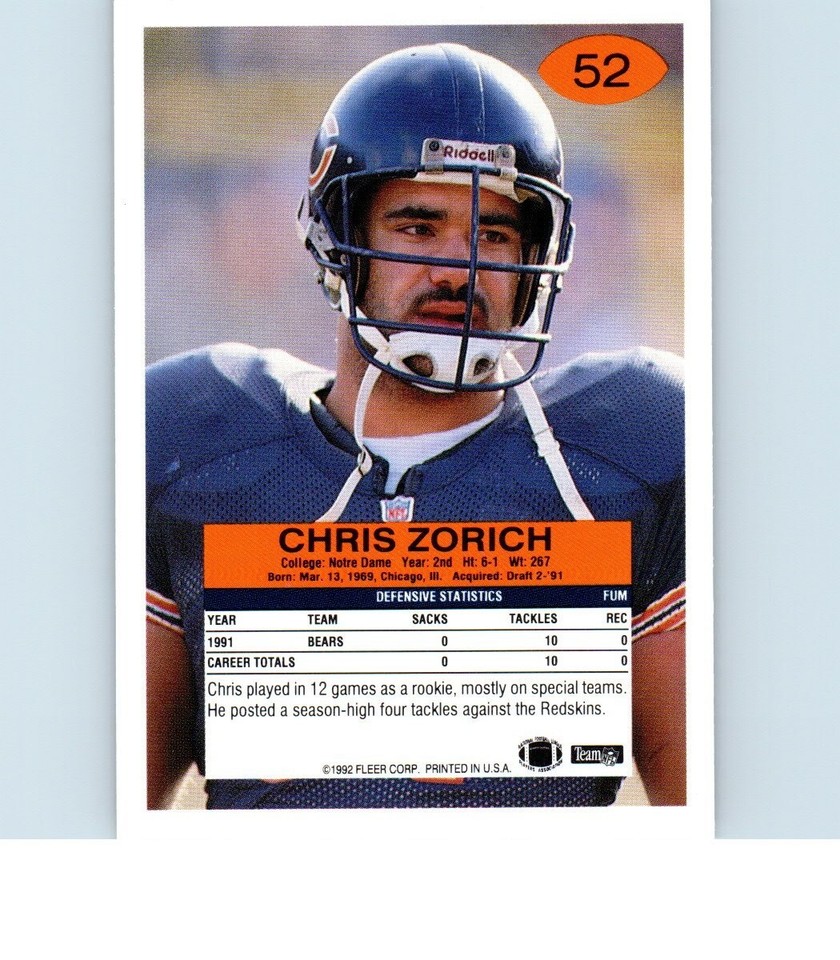 Chris Zorich 52 Bears 1992 Fleer NFL Football Trading Card | eBay