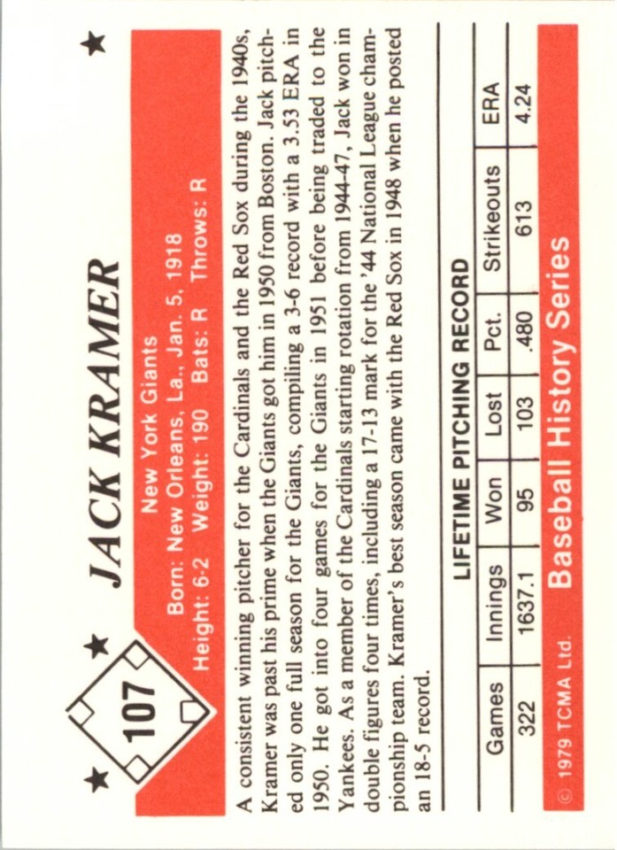 1979 TCMA STARS OF THE 50'S - #107 JACK KRAMER NEW YORK GIANTS | eBay