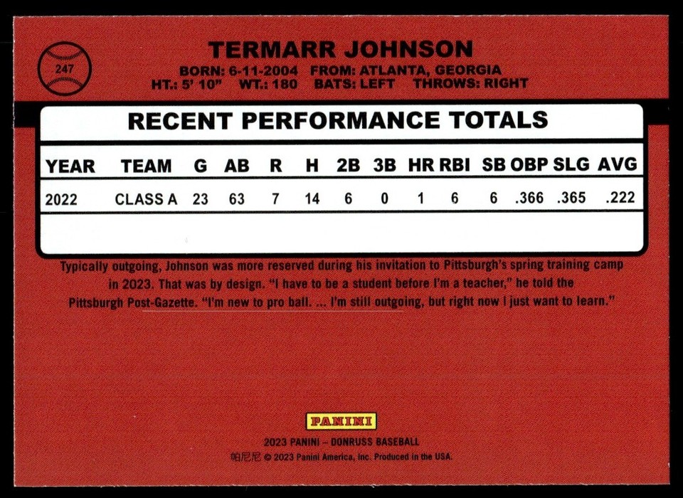 2023 Donruss Blue Foil SP Termarr Johnson Rookie G9 Pittsburgh Pirates ...