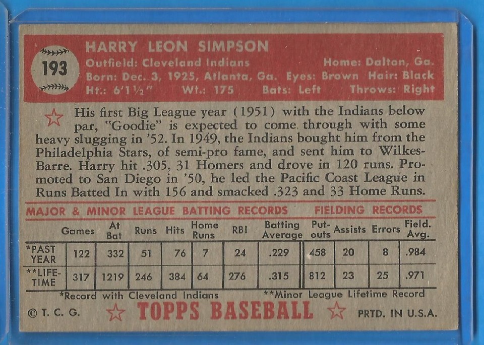 1952 TOPPS BASEBALL CARD (EX-MT) # 193 HARRY SIMPSON R/C - CLEVELAND ...