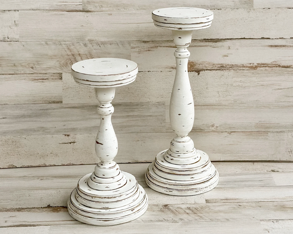 Pair of handmade distressed antique white & brown vintage style candle ...