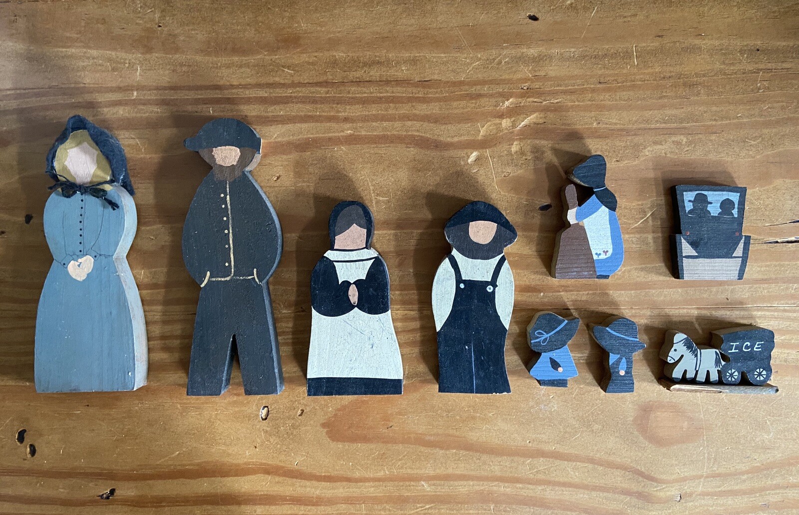Lot Of 9 Amish Hand Crafted Folk Art Wood Figures Country Amish, Horse ...