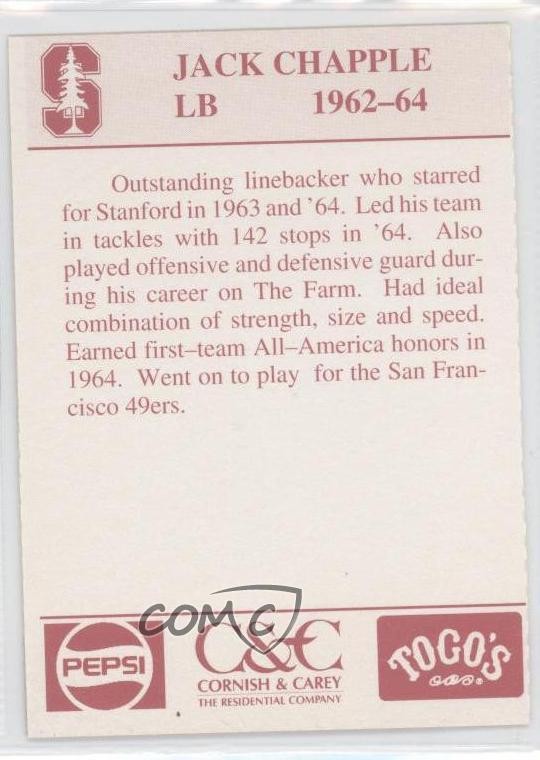 1991 Pepsi/Togo's Stanford Cardinal All Century Team Jack Chapple 0b5 ...