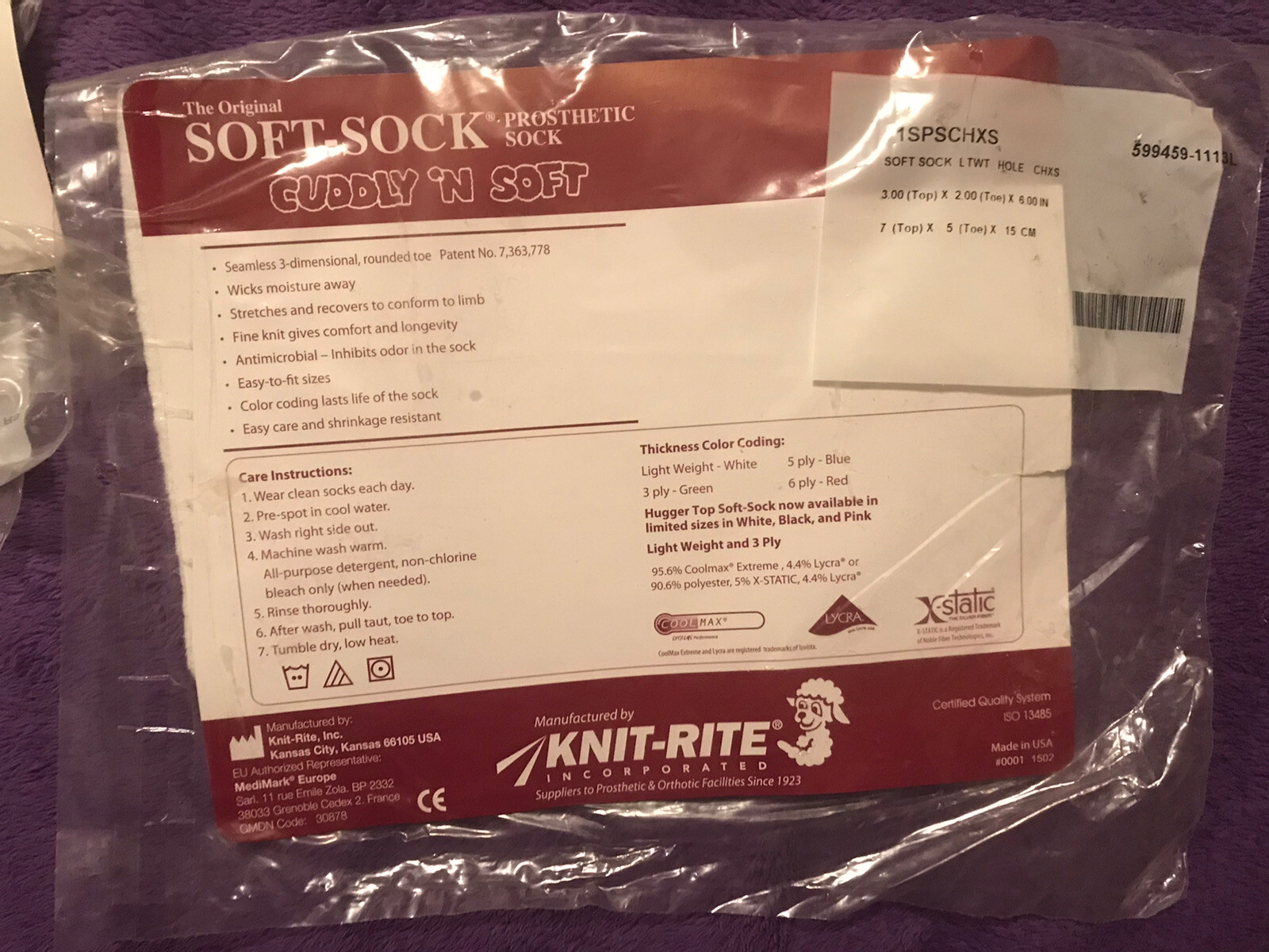 6-NEW Knit-Rite Soft Sock Prosthetic Sock 3 Ply Hole 1SPSCSHXS Child ...