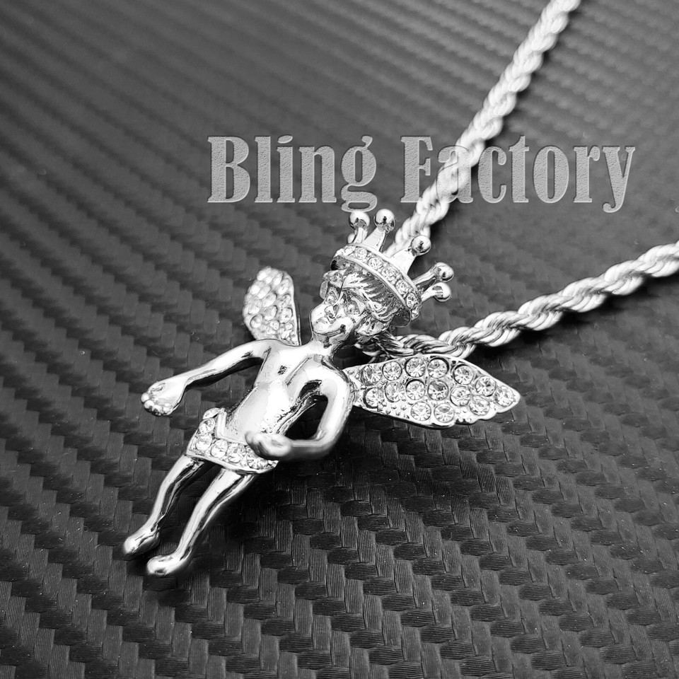 Crowned baby angel Pendant & 4mm 24" Rope Chain Hip Hop Fashion Bling ...