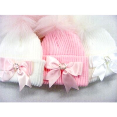 Baby Girls Diamante Bow Pom Pom Hat Spanish Fur Bobble UK Made Pink ...