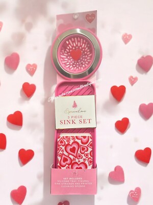 3 Pc Pink Valentine’s Day Hearts Kitchen Sink Strainer Sponge Silicone ...