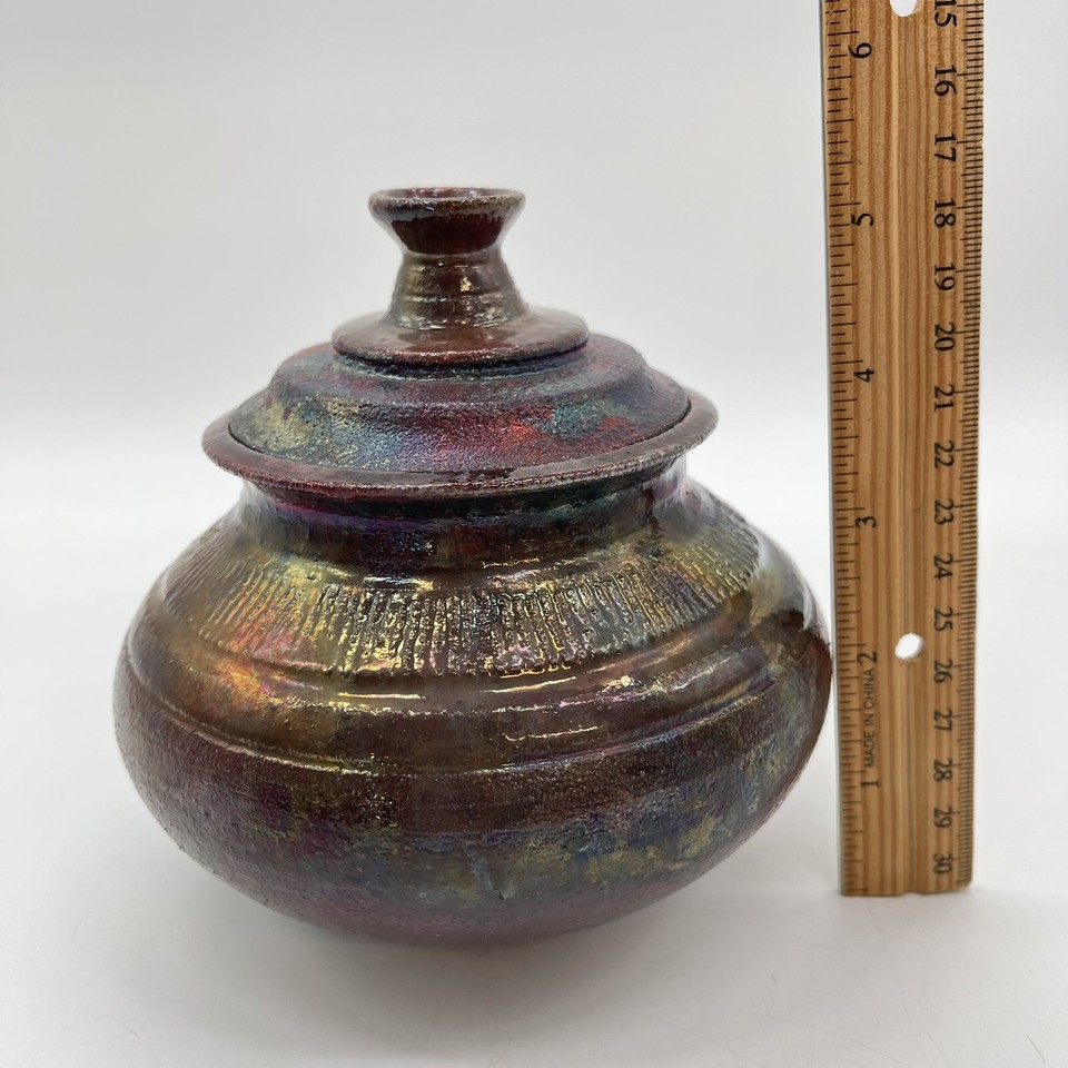 Raku Pottery Miniature Jar Urn Vase With Lid 5" Signed By Artist ...