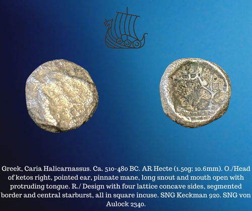 510-480 BC Greek Caria Halicarnassus AR Silver Hecte Head of Ketos ...