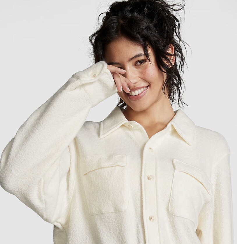 Victoria Secret Pink Fleece Shacket Long Sleeve Reverse Shirt Top XL ...