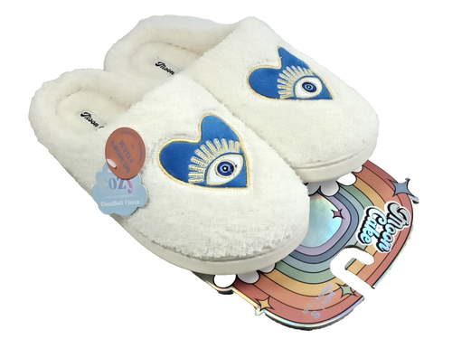 Moon Cake NEW Blue Heart Eye Evelyn Slippers S 5-6 Ivory Fluffy Cozy ...