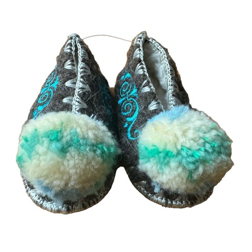 Childrens Brown Wool Greek Baby Slippers US Size 3 Green Pom Poms K ...
