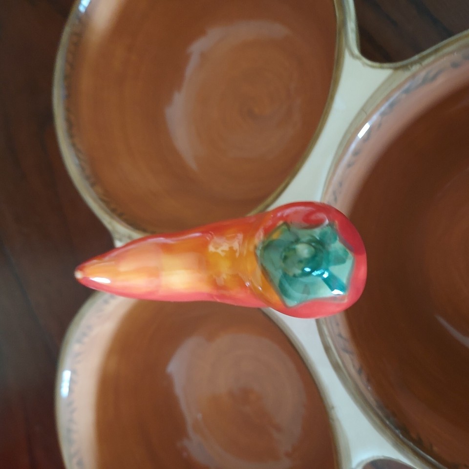 Clay Art Tri-Bowl Hand Painted Chile Pepper Topper & Design Condiment ...