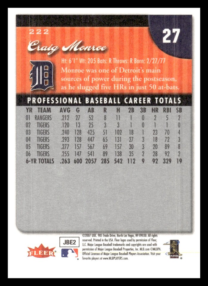 2007 Fleer #222a Craig Monroe white "D" team logo Detroit Tigers ...