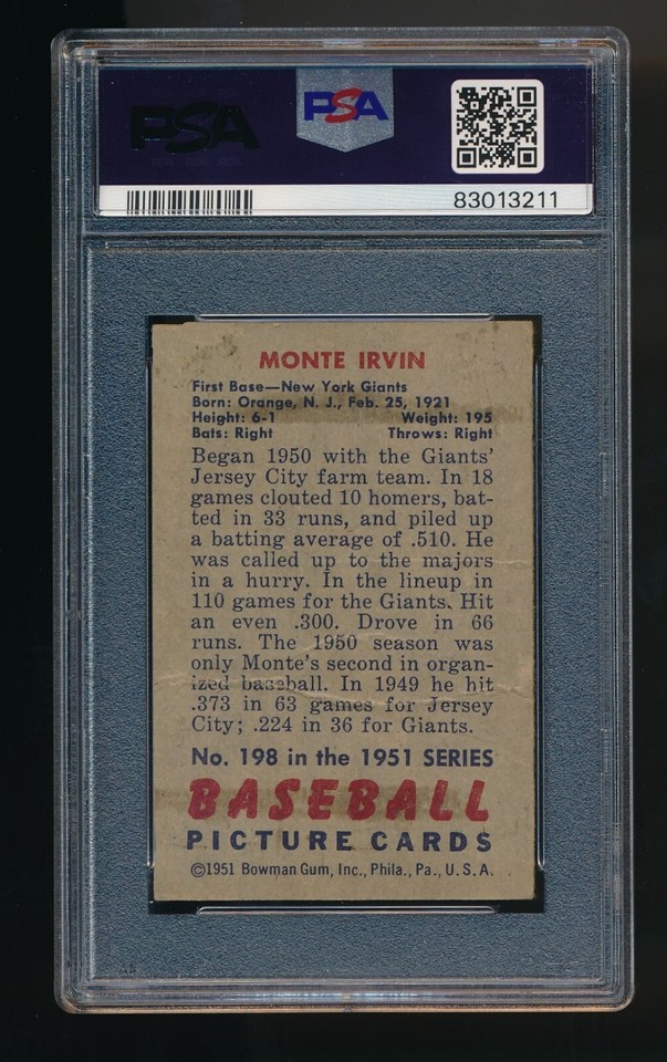 1951 Bowman Baseball rookie Monte Irvin #198 - PSA - San Francisco ...