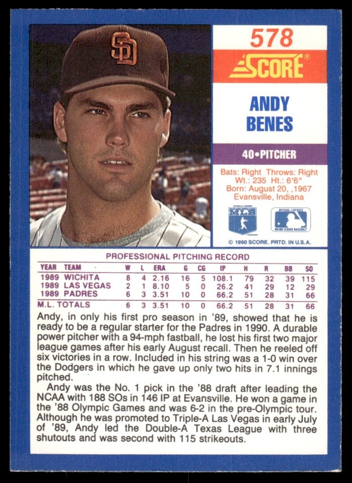 1990 Score Baseball Card Andy Benes San Diego Padres #578 | eBay