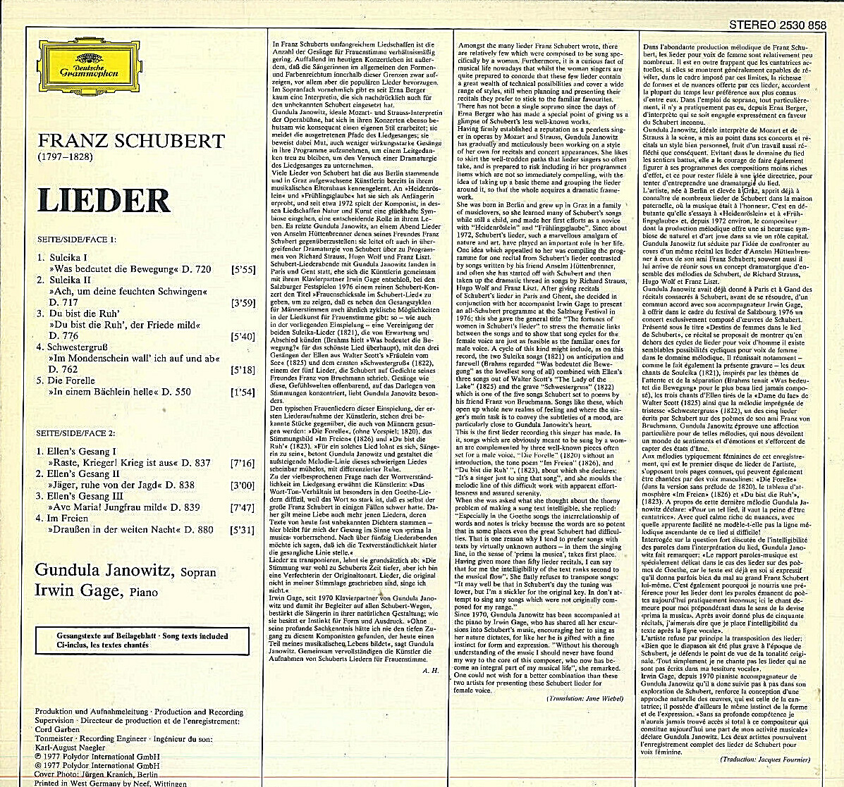 Schubert - Gundula Janowitz Irwin Gage - Lieder# - DGG LP | eBay