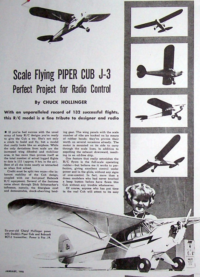 J-3 CUB PLAN + ARTICLE for Hollinger's 70" RC Model Airplane ENLARGED ...