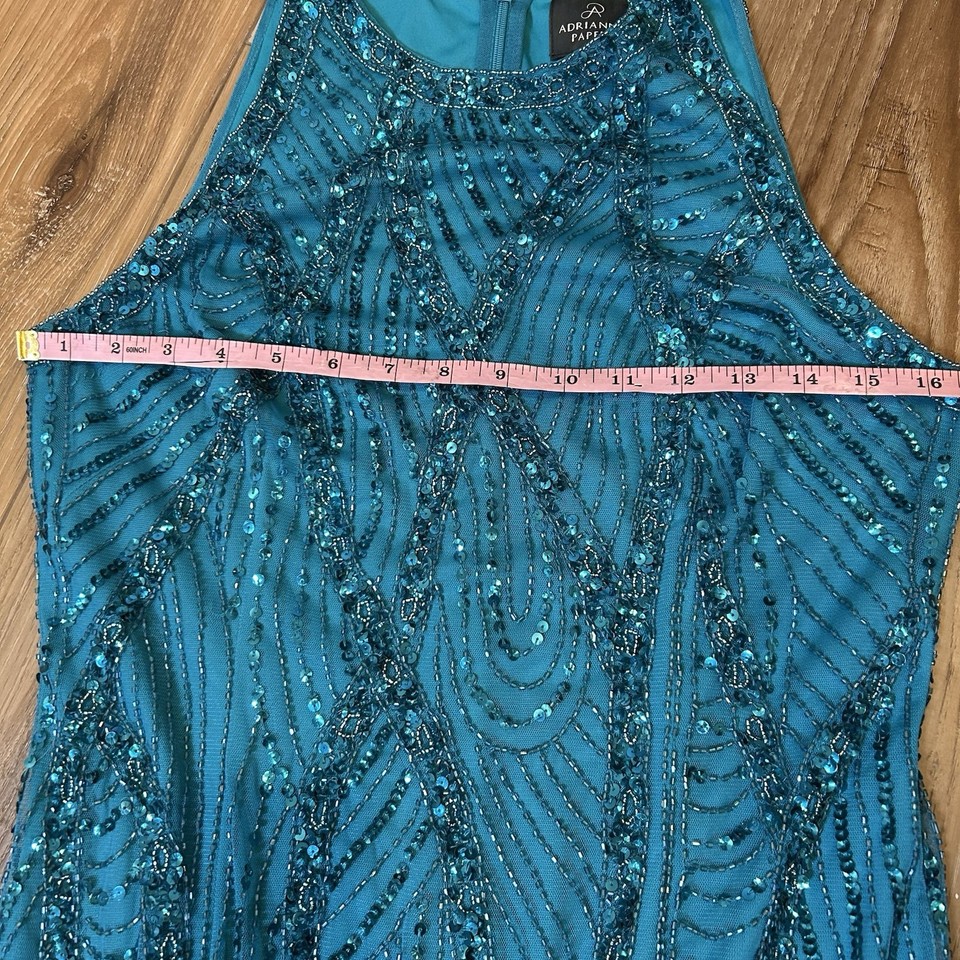 Adrianna Papell teal blue beaded full length hater dress size 10 formal ...