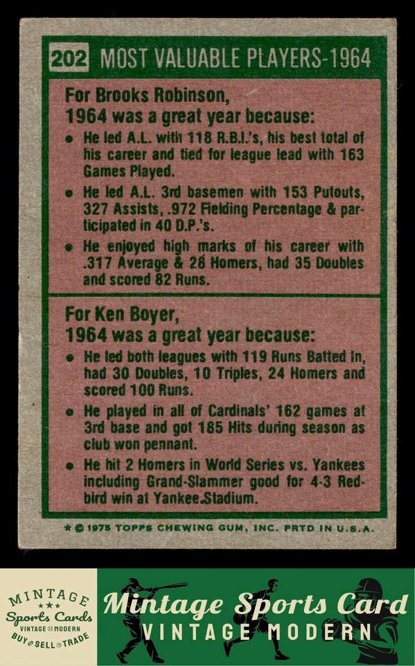 1975 Topps - 1964 MVPs - Brooks Robinson / Ken Boyer MVP - #202 | eBay