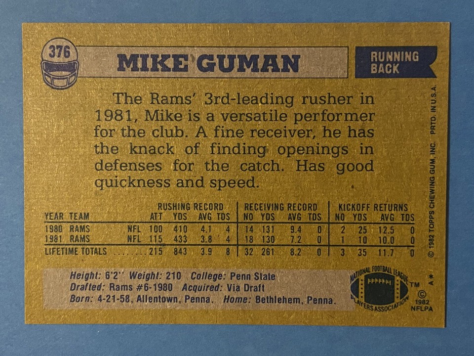 MIKE GUMAN Hand Signed 1982 Topps #376 LA Rams Penn State Autograph ...