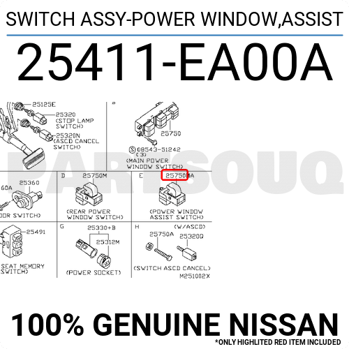 25411EA00A Genuine Nissan SWITCH ASSY-POWER WINDOW,ASSIST 25411-EA00A ...