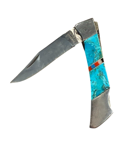 Pocket Knife Turquoise & Stone Inlay Handle Single Stainless Blade Easy ...