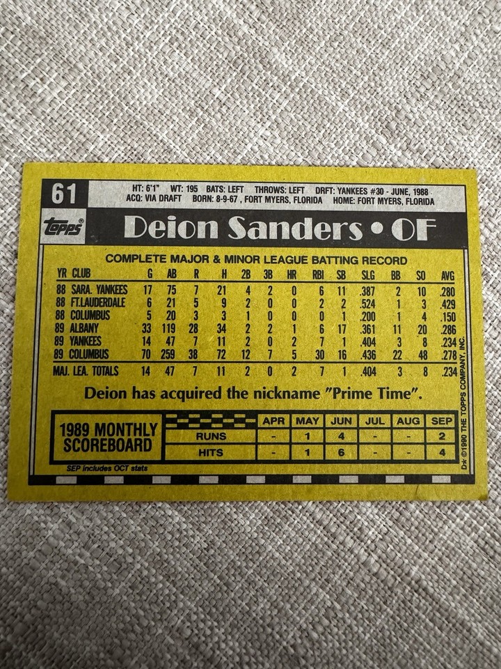 1990 Topps - #61 Deion Sanders Error Card Double Lines | eBay