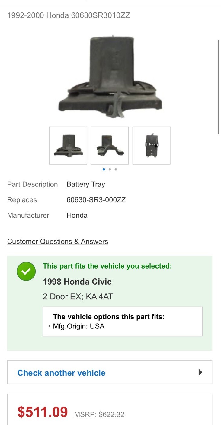 92-00 HONDA Civic Del Sol ACURA Integra Battery Tray G82P 60630-SR3 ...