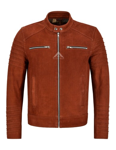 Mens Classic Leather Jacket Chestnut Nubuck ZIp Cuffs Racer Leather ...
