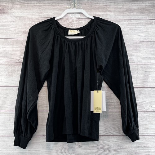 Nation LTD Top Black Romy Modest Tee Long Sleeve Puff Sleeve Pima ...