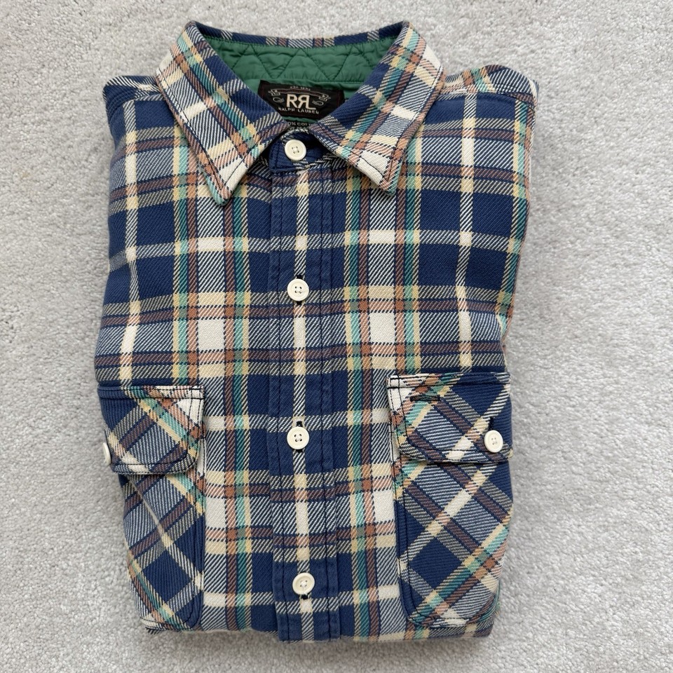 RRL Double RL Shirt Men's Large Blue Button Down Plaid Work Flannel | eBay