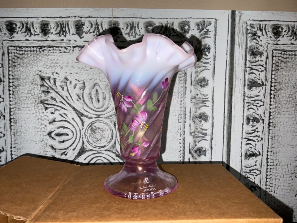 FENTON Swirl Embossed Lavender VASE HAND PAINTED! Signed K. Riley | eBay