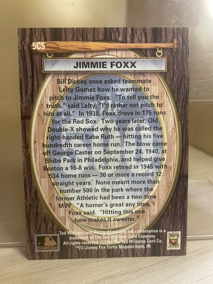 1994 Ted Williams Card Company The 500 Club Jimmie Foxx #5C5 HOF Boston ...