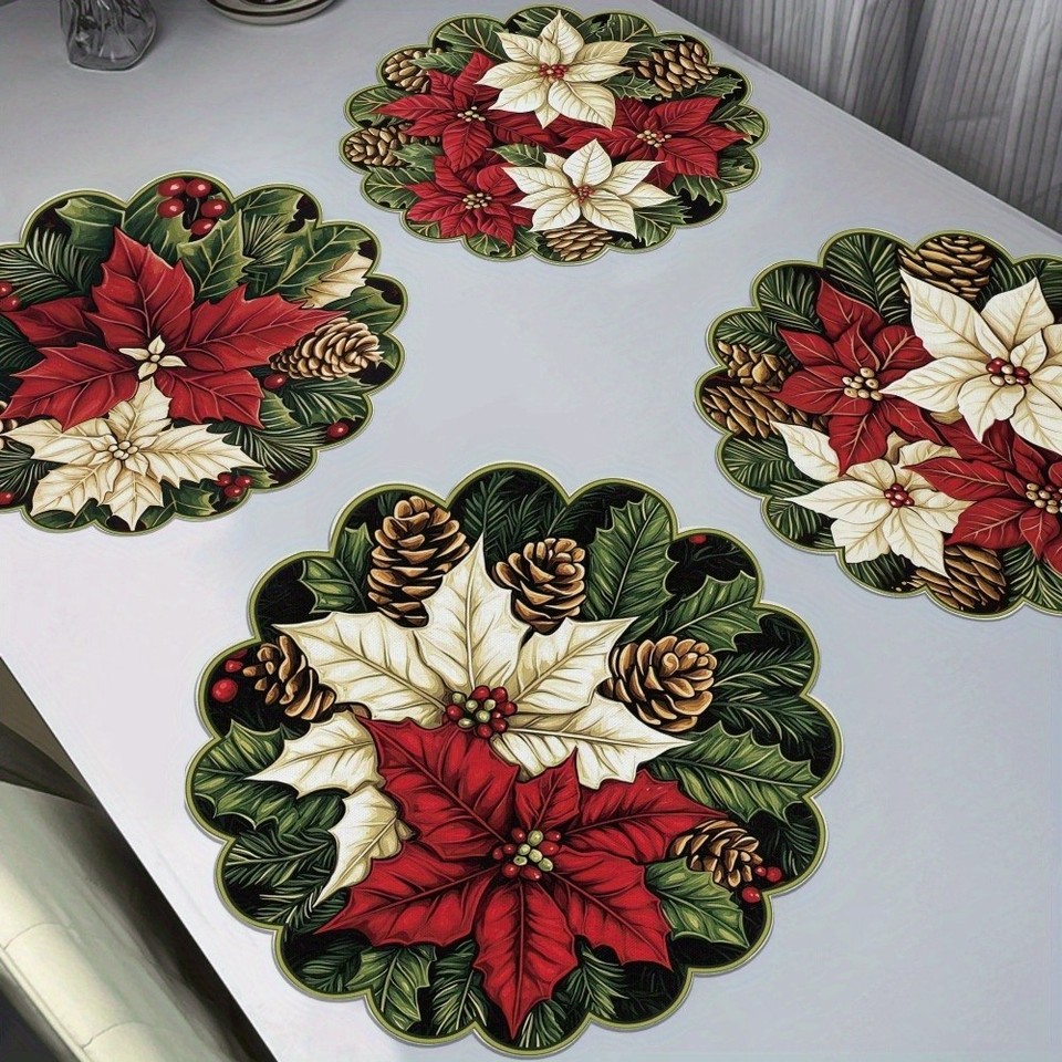 4pcs Christmas Poinsettia Holly Placemats Festive Dining Mats Xmas ...