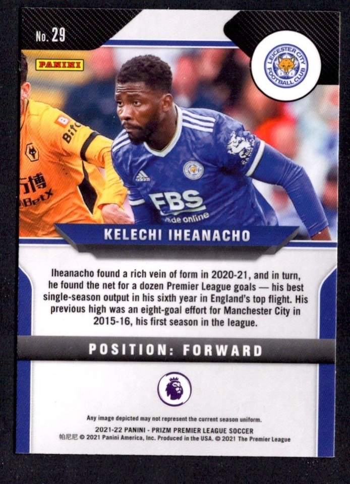 2021 Panini Prizm Premier League Kelechi Iheanacho Leicester City #187 ...