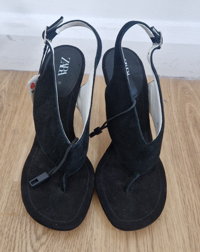 Zara black high heel sandals EU 37 UK 4 flip flop womens suede new tag ...