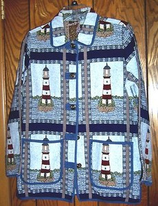 Sz L - Blue Brocade Pictorial Lighthouse Jacket w/Silver Anchor Shaped ...