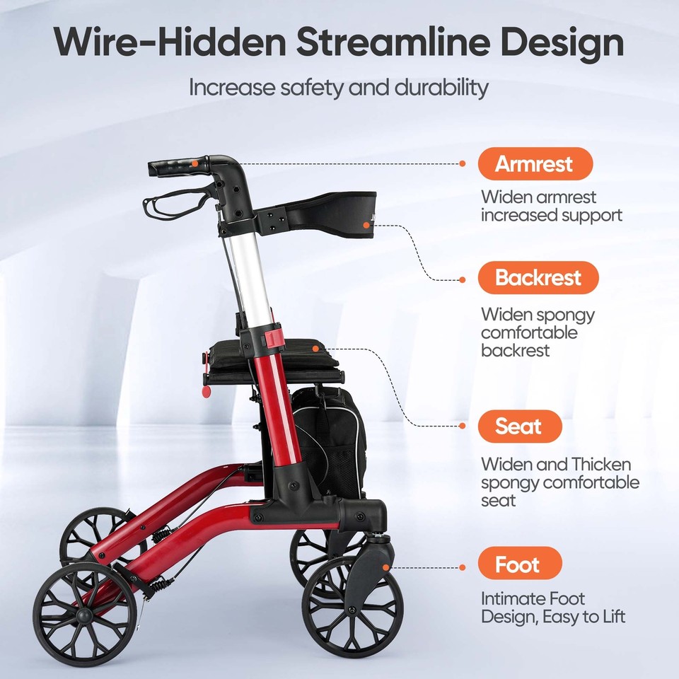 Ergonomic Lightweight Rollator Rolling Walker Foldable 350Lb Capacity ...