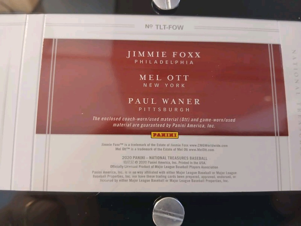 2020 National Treasures Triple Legend Game Used Mel Ott Paul Waner ...