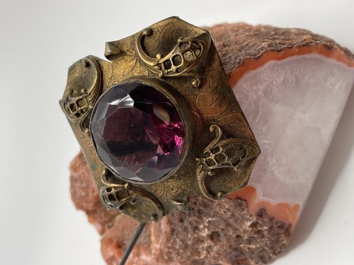 11” Antique Victorian Large Amethyst Glass Brass HATPIN Edwardian Hat ...