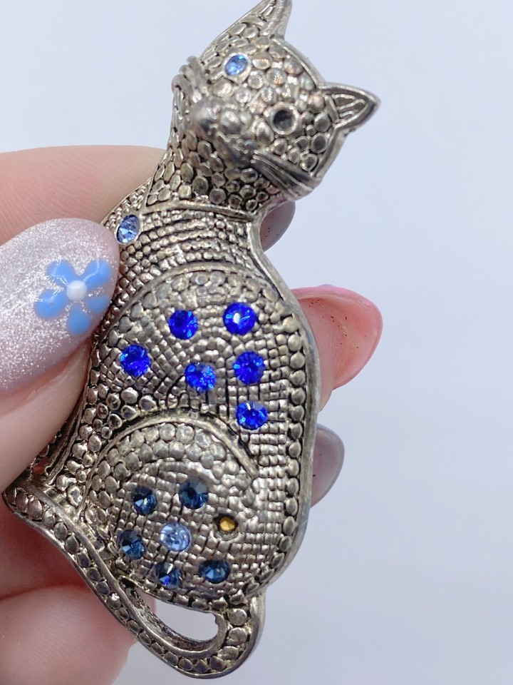 B7-3062 VINTAGE BROOCH SILVER PIN 2" BLUE ANIMAL CAT RHINESTONE | eBay