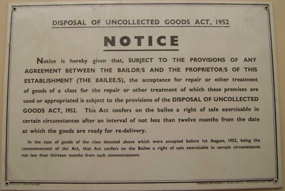 DISPOSAL OF UNCOLLECTED GOODS ACT 1952.....Original Garage Card Sign No ...
