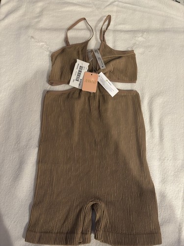 Women’s Brown Cut Out 1 Piece Spaghetti Strap Ribbed Stretchy Romper M ...