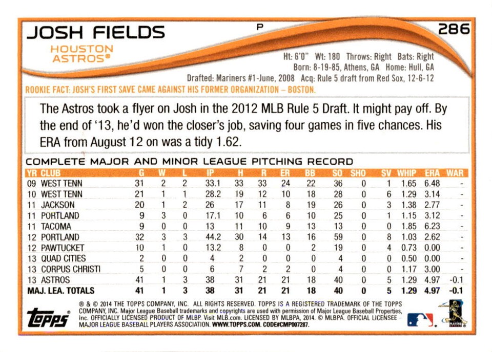 2014 Topps Baseball Blue Josh Fields #286 | eBay
