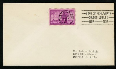 1957 Postal History Cover Kenilworth, New Jersey Golden Jubilee Slogan ...