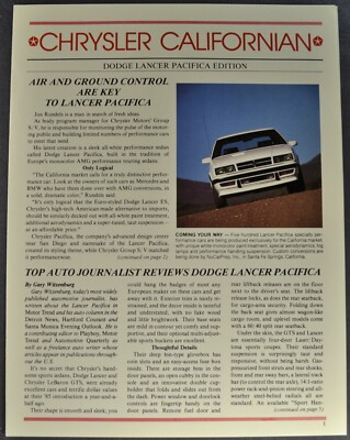 1986 Dodge Lancer Pacifica Sedan Brochure Mitsubishi ES Turbo Nice ...